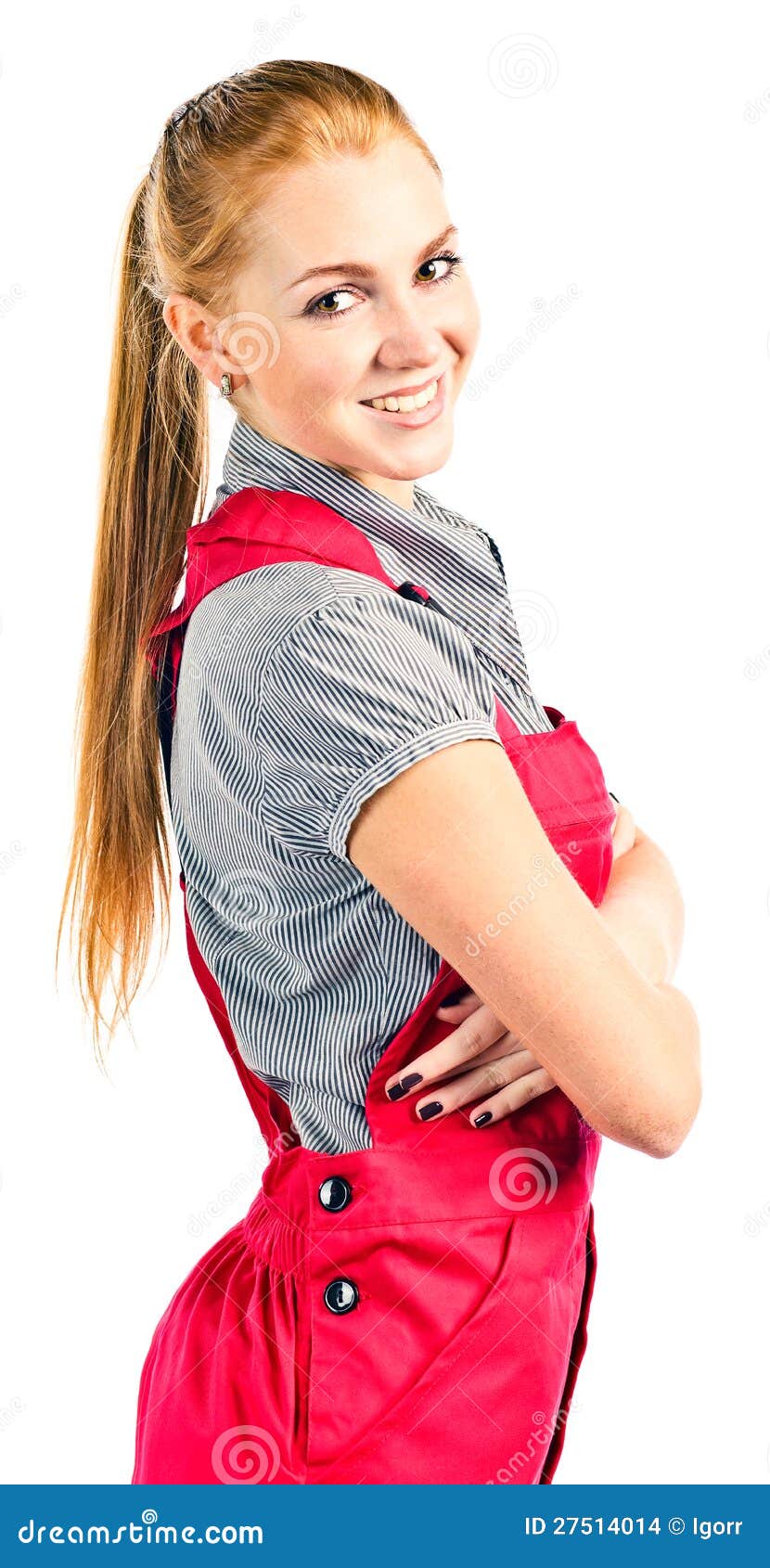 Young Happy Woman in Red Overalls Stock Photo - Image of long, girl ...