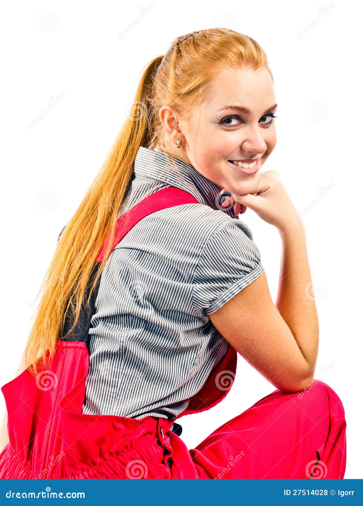 Young Happy Woman in Red Overalls Stock Photo - Image of lifestyle ...