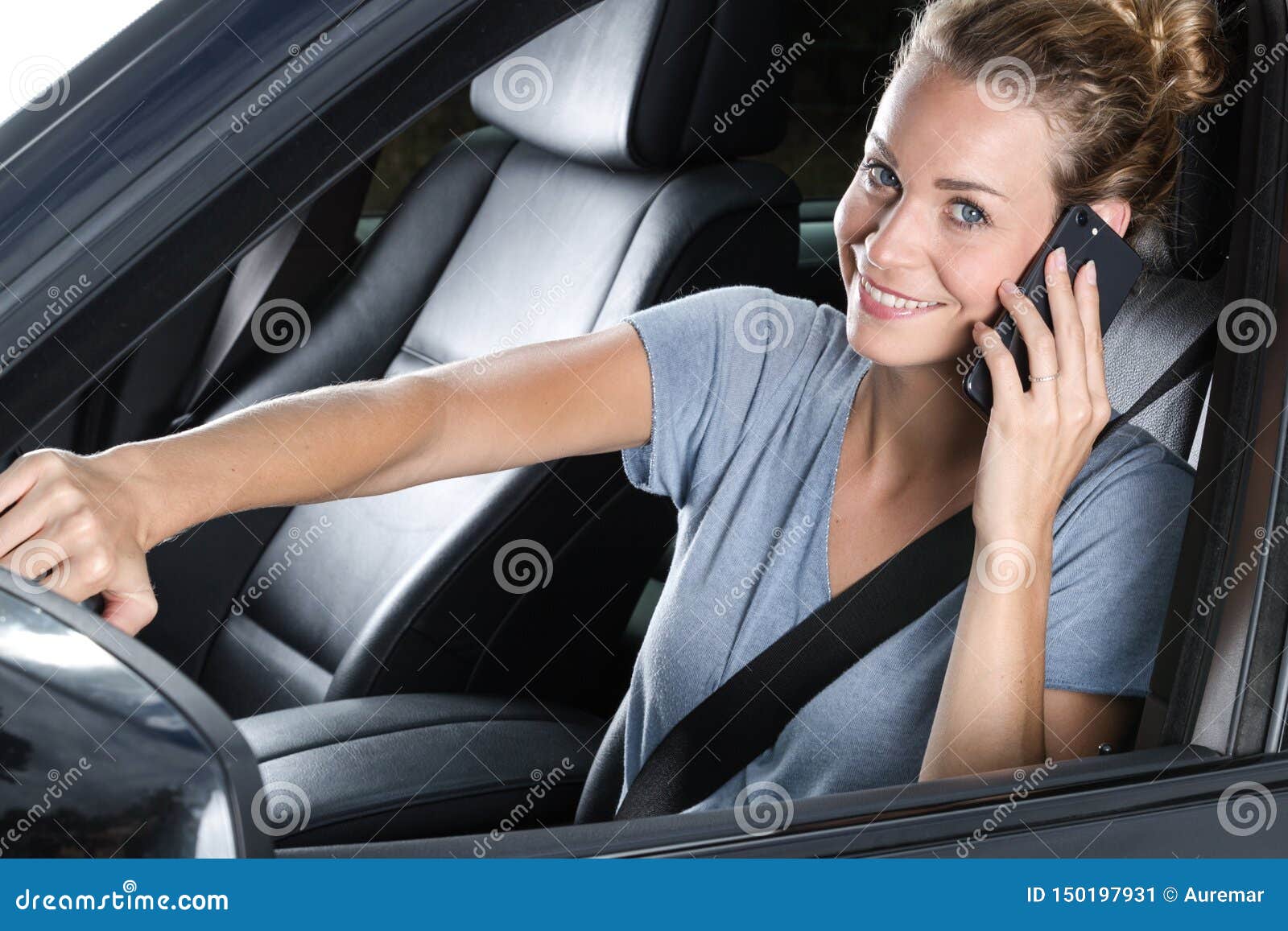 Young Happy Woman Talking on Phone in Car Stock Image - Image of ...