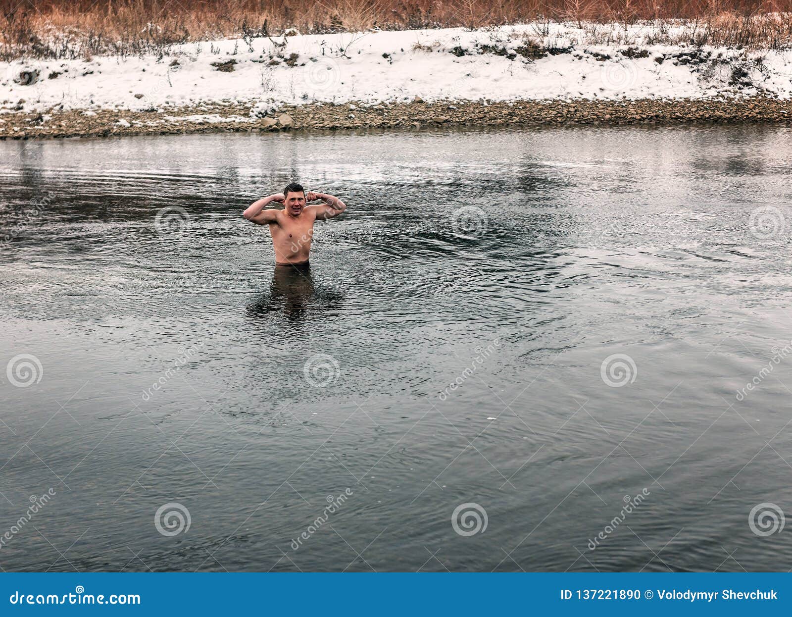 Young Hard-boiled Boy in the Cold River Stock Photo - Image of outdoors ...