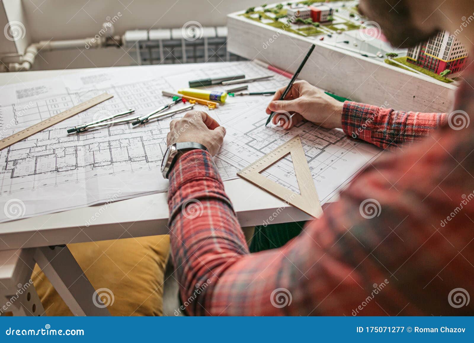Young Hard-working Man Work in Office Stock Image - Image of drawing ...