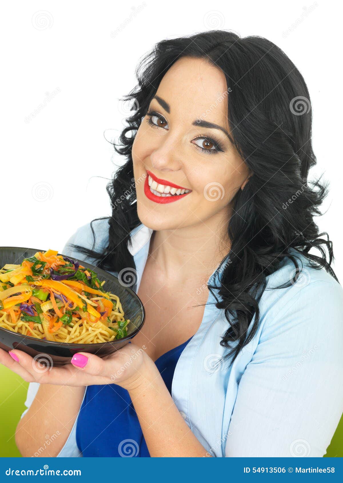 Young Healthy Woman Holding Bowl Fresh Noodles Stir Fried Vegetables