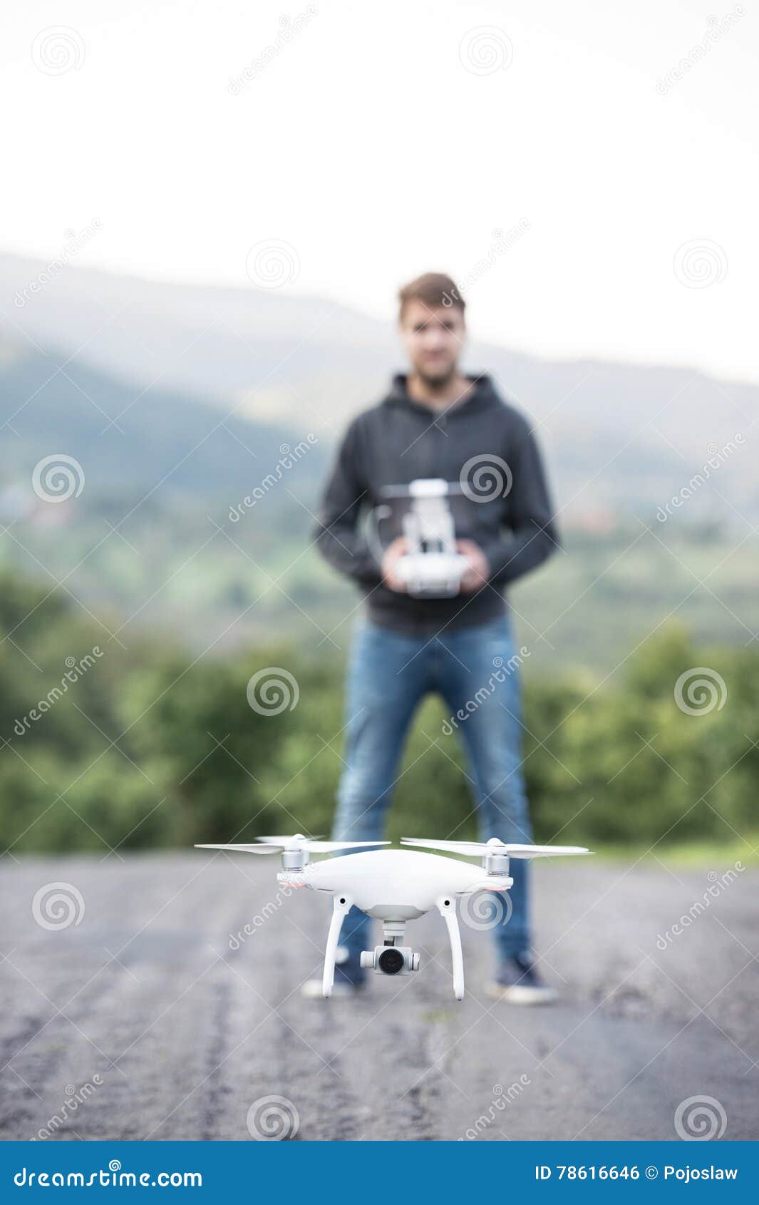 Young Hipster Man with Flying Drone. Sunny Green Nature. Stock Photo ...