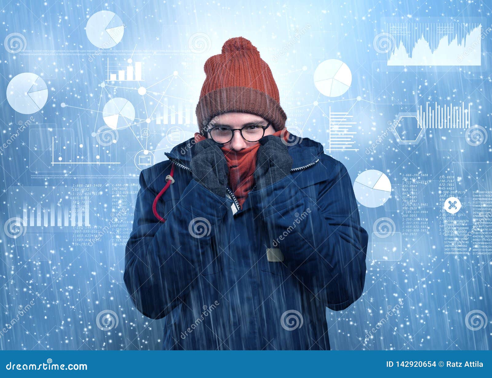 Young Hipster Shivering with Graphs, Reports and Chart Concept Stock ...