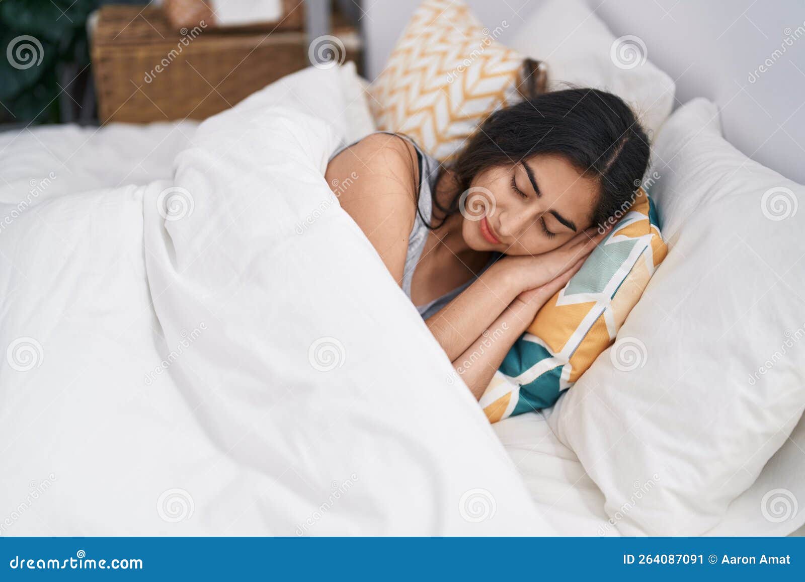 Young Hispanic Girl Lying on Bed Sleeping at Bedroom Stock Image ...