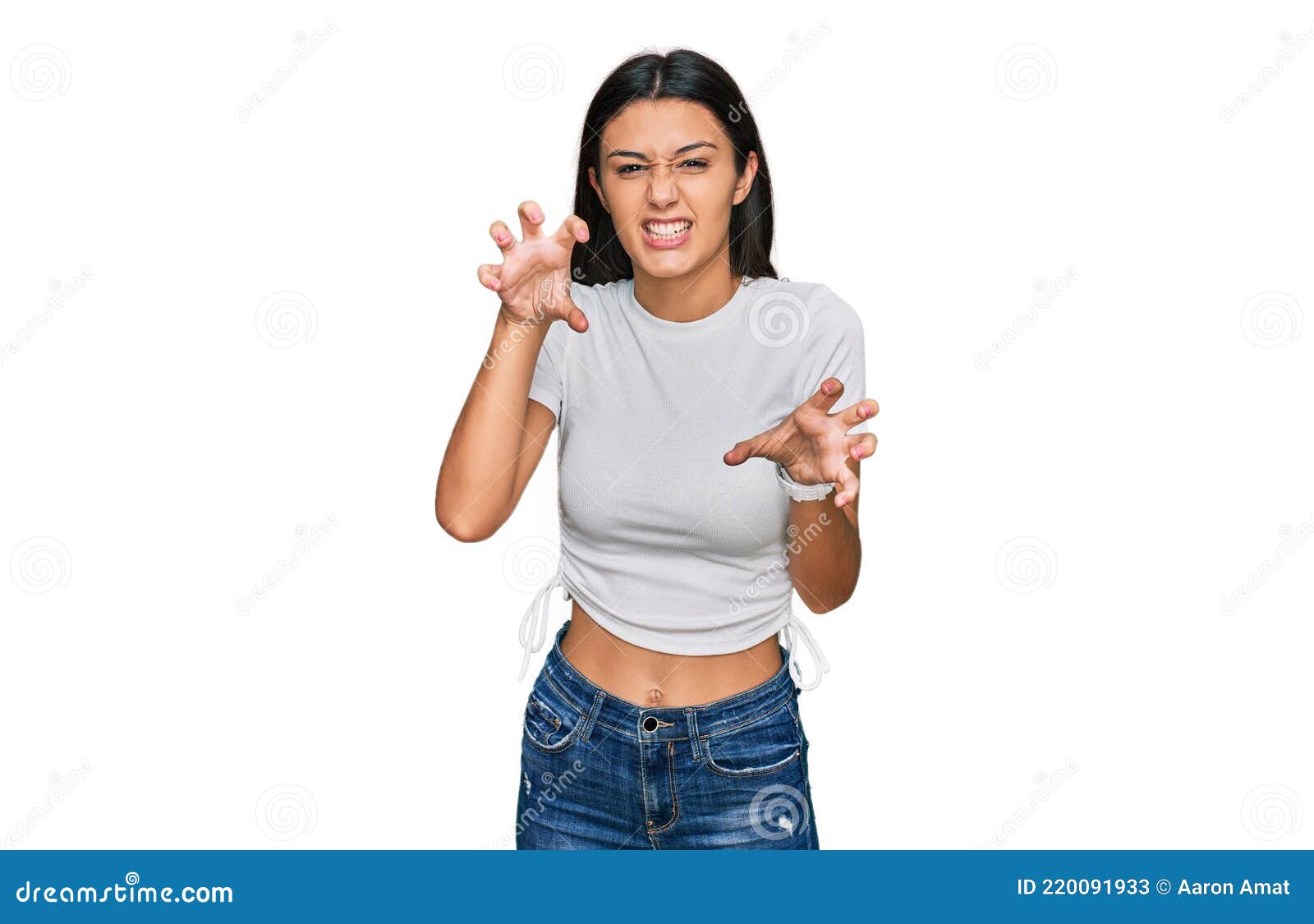 Young Hispanic Girl Wearing Casual White T Shirt Smiling Funny Doing