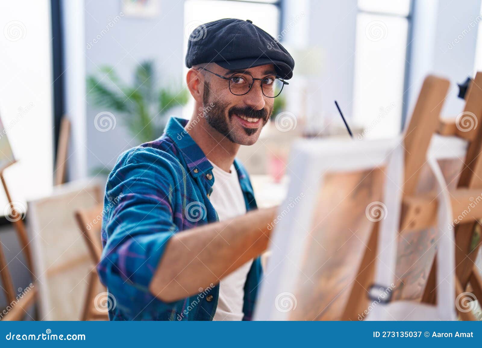 Young Hispanic Man Artist Smiling Confident Drawing at Art Studio Stock ...