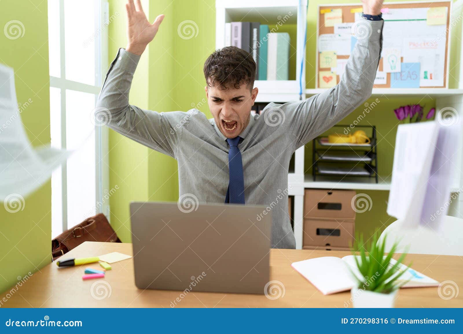 Young Hispanic Man Business Worker Angry Throwing Documents Screaming ...