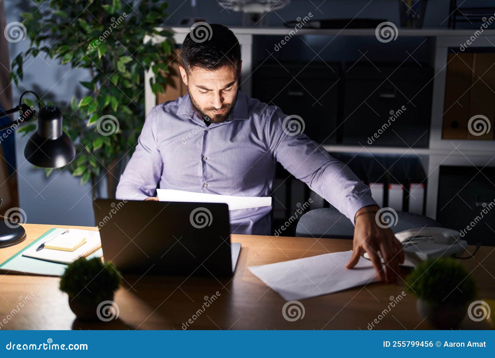 Young Hispanic Man Business Worker Working Overtime at Office Stock ...