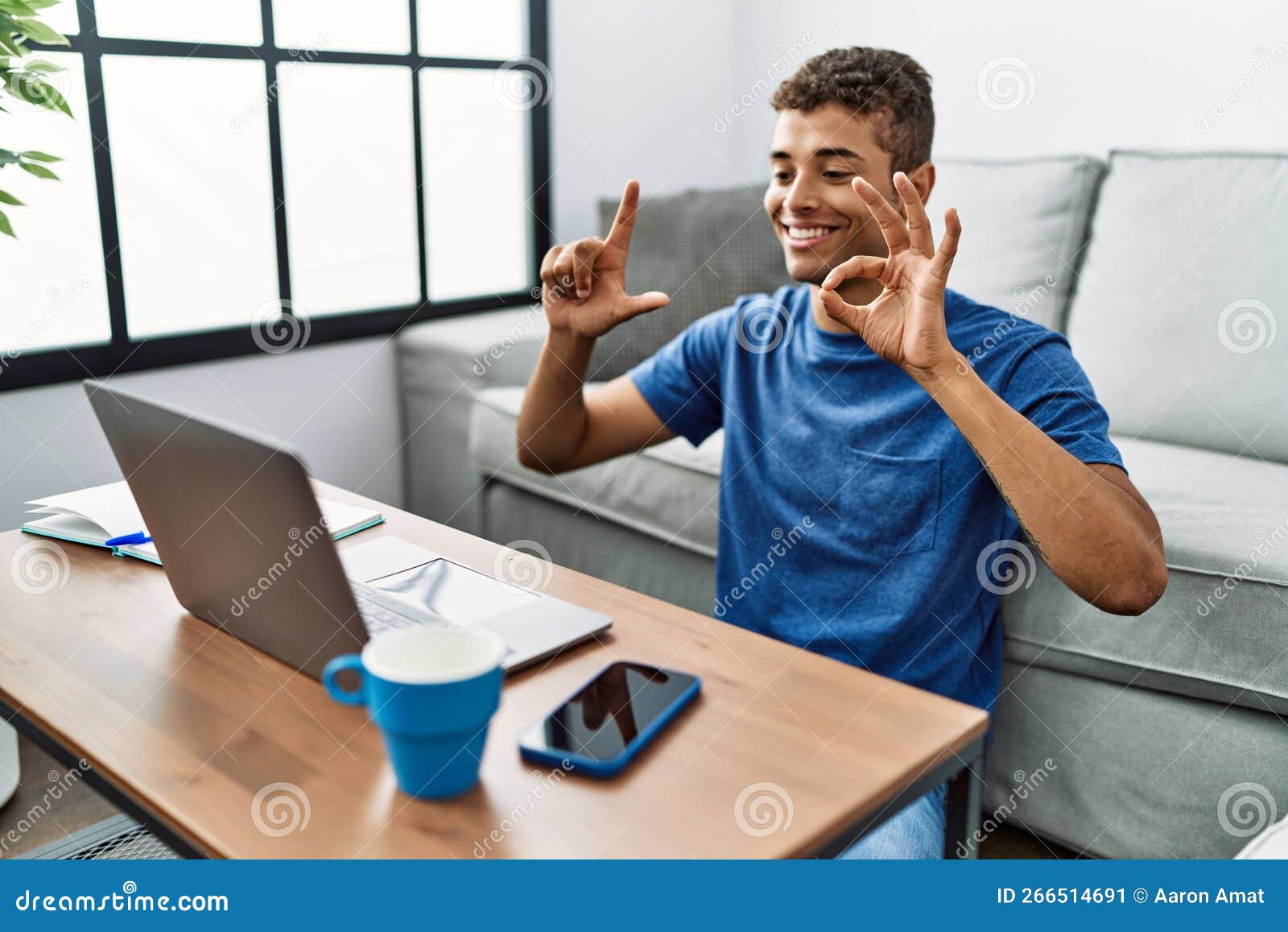 Young Hispanic Man Gesturing Sign Language on Video Call at Home Stock ...