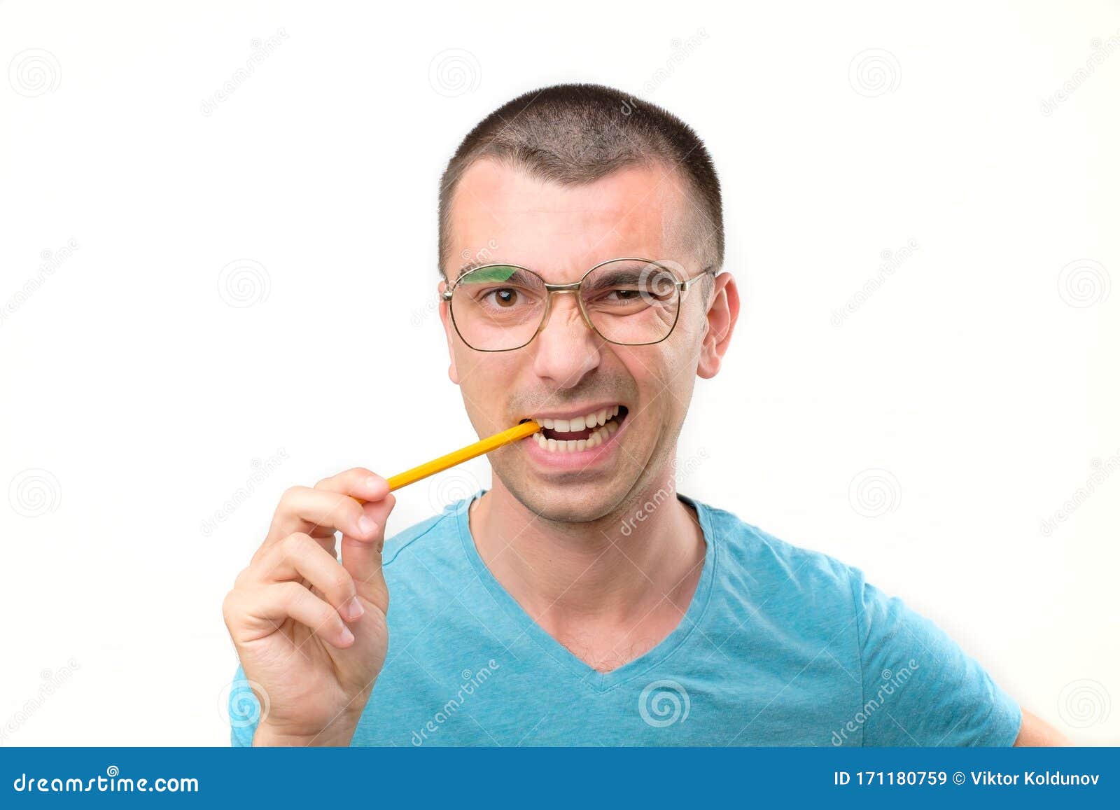Young Hispanic Man in Glasses is Thinking about Something with Pencil ...