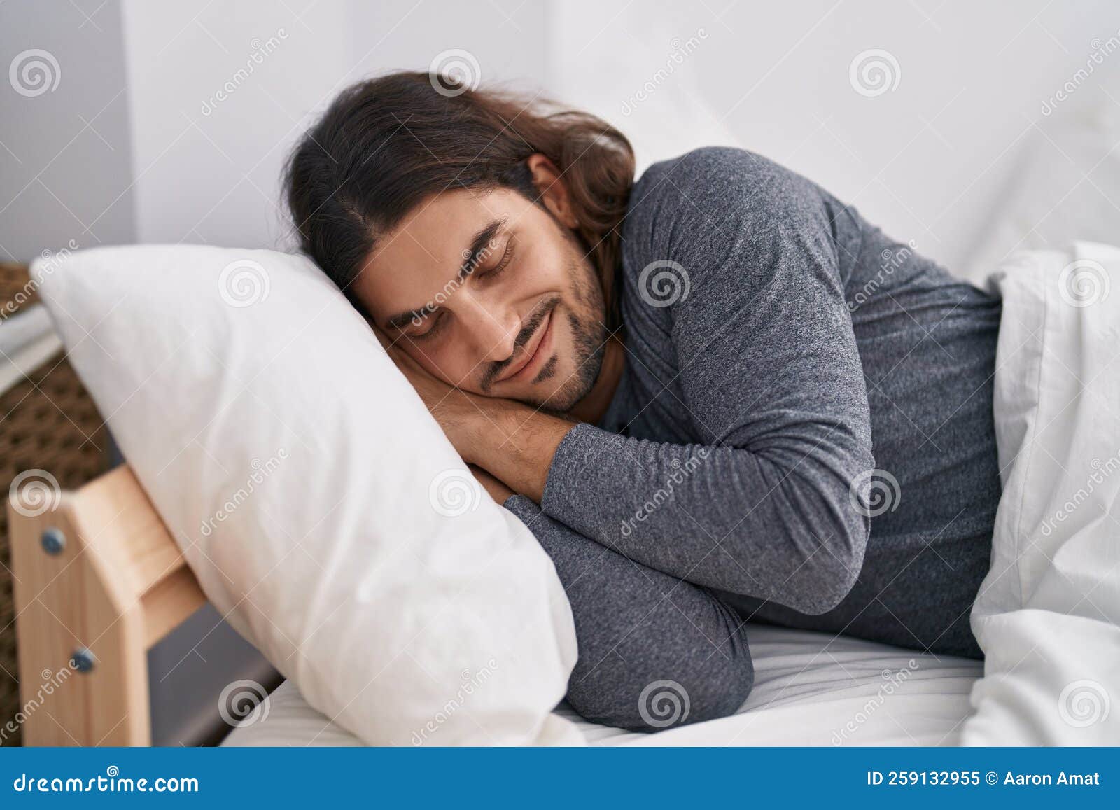 Young Hispanic Man Lying on Bed Sleeping at Bedroom Stock Image - Image ...