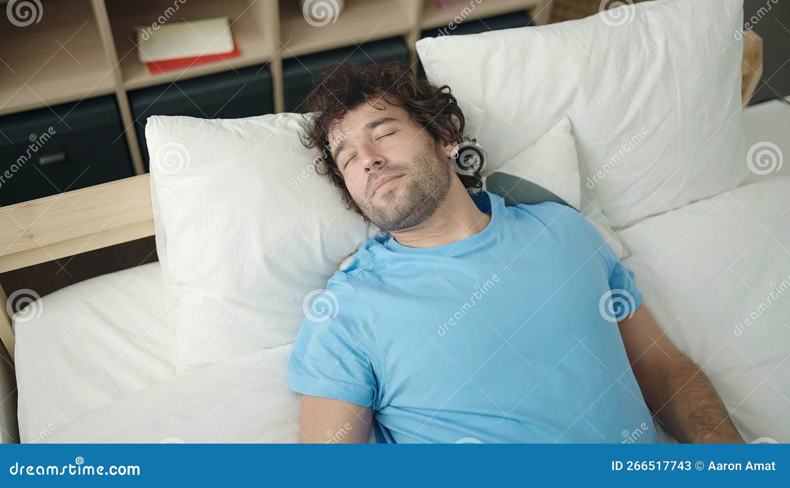 Young Hispanic Man Lying on Bed Sleeping at Bedroom Stock Image - Image ...
