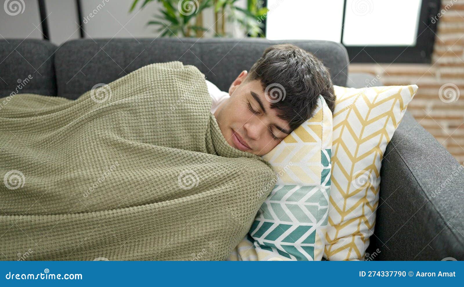 Young Hispanic Man Lying on Sofa Sleeping at Home Stock Photo - Image ...