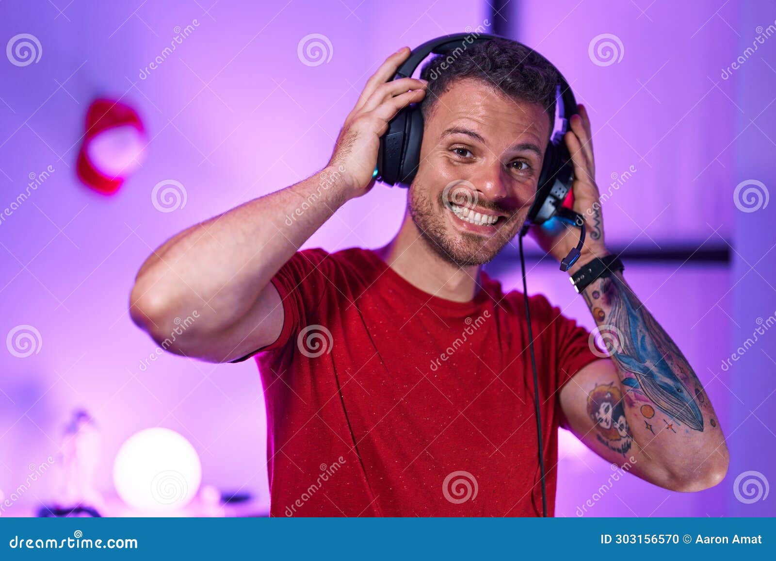 Young Hispanic Man Streamer Smiling Confident Standing at Gaming Room ...