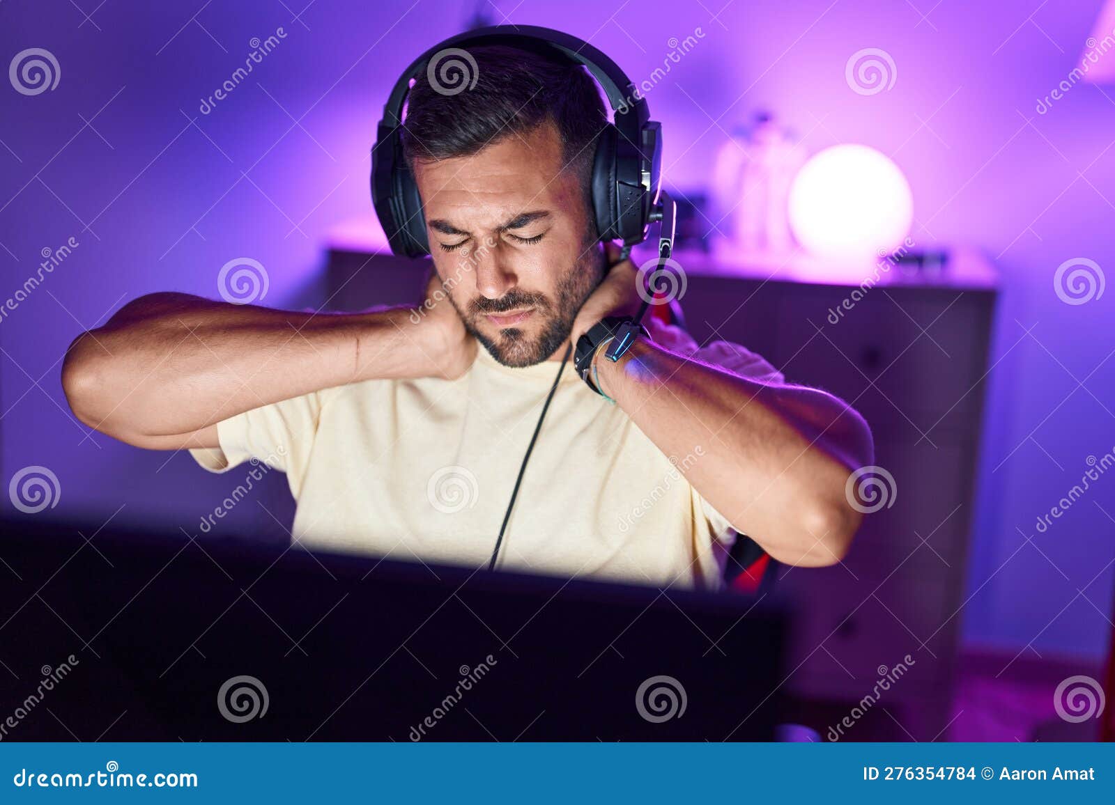 Young Hispanic Man Streamer Stressed Using Computer at Gaming Room ...