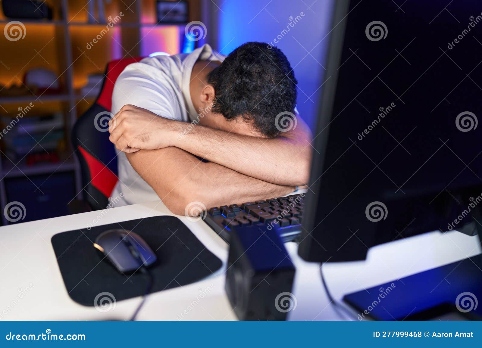 Young Hispanic Man Streamer Stressed Using Computer at Gaming Room ...