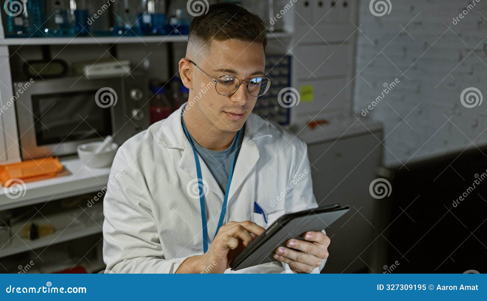 Young Hispanic Man in White Lab Coat Using a Tablet in a Modern ...