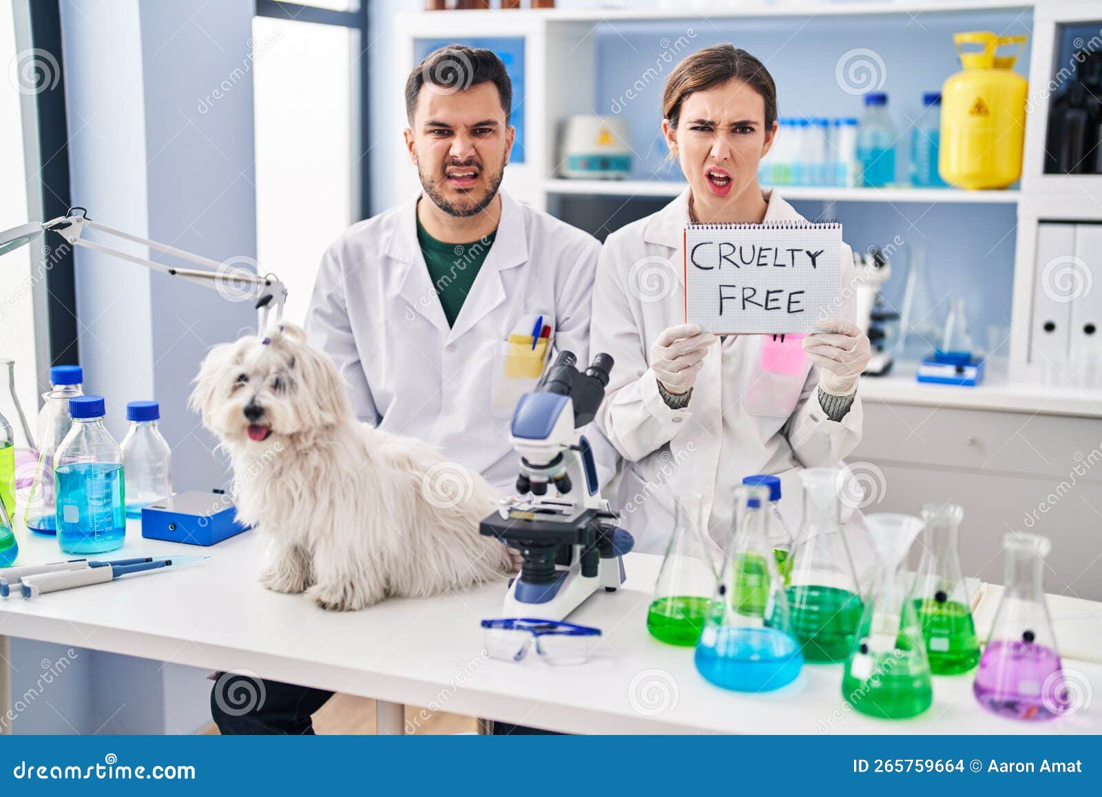 Young Hispanic People Working at Scientist Laboratory with Dog Clueless ...