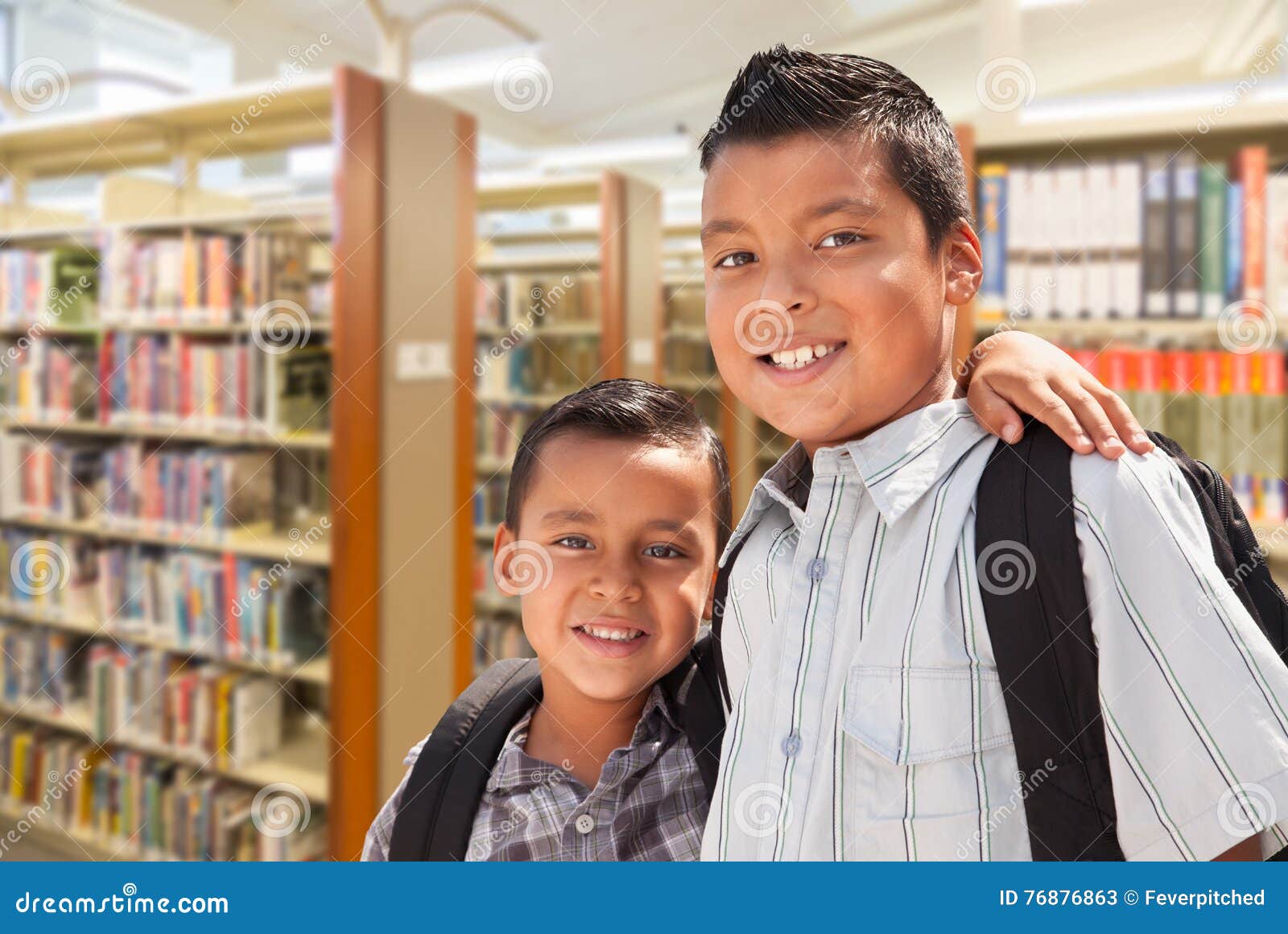 Young Hispanic Student Brothers in Library Stock Image - Image of cute ...