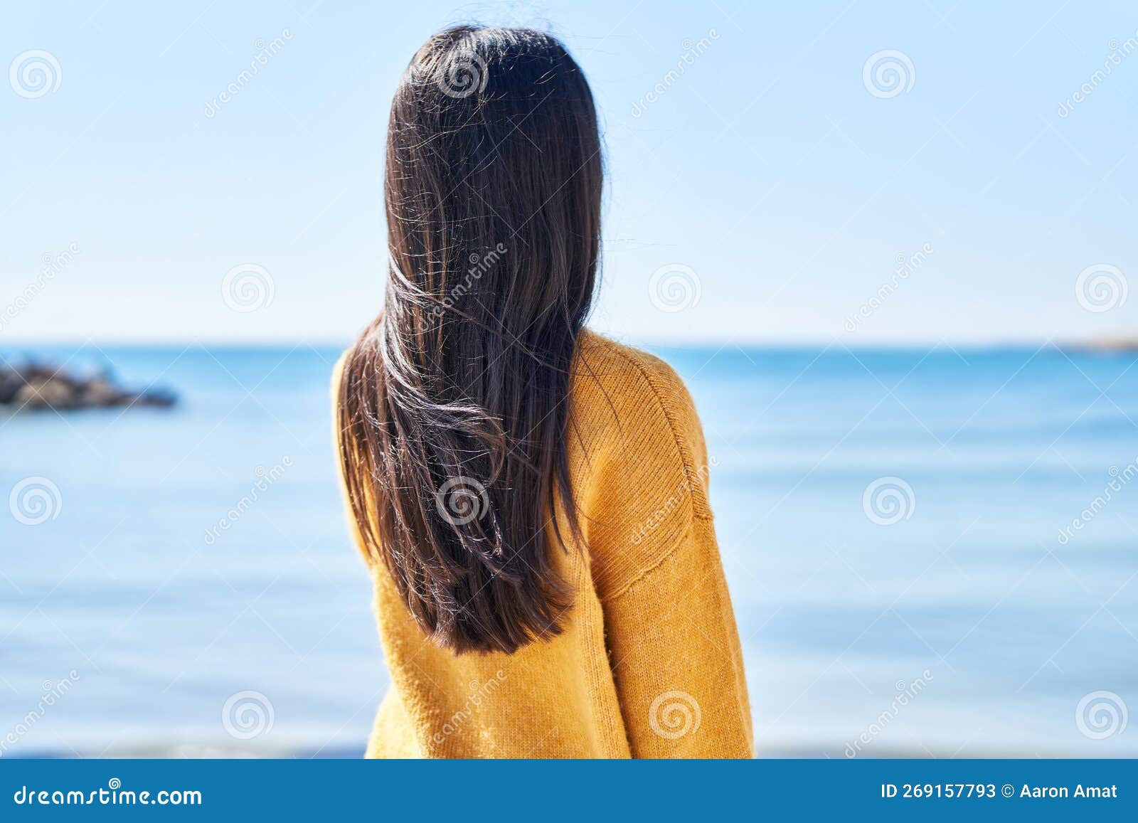 Young Hispanic Woman Standing on Back View at Seaside Stock Image ...