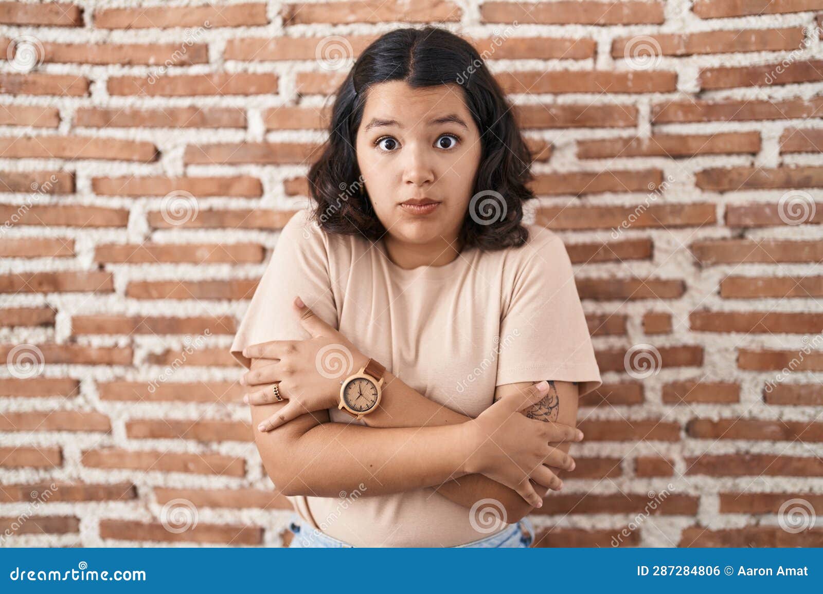 Young Hispanic Woman Standing Over Bricks Wall Shaking and Freezing for ...