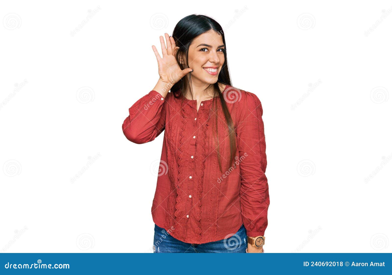 Young Hispanic Woman Wearing Casual Clothes Smiling With Hand Over Ear