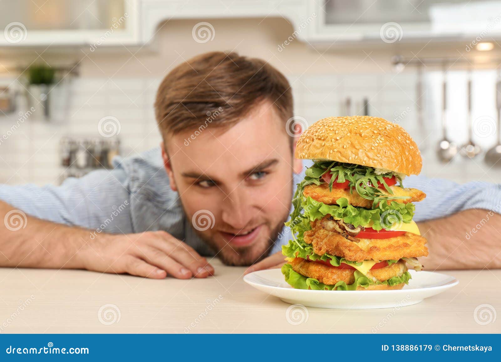 Young Hungry Man and Huge Burger Stock Image - Image of meat, nutrition ...