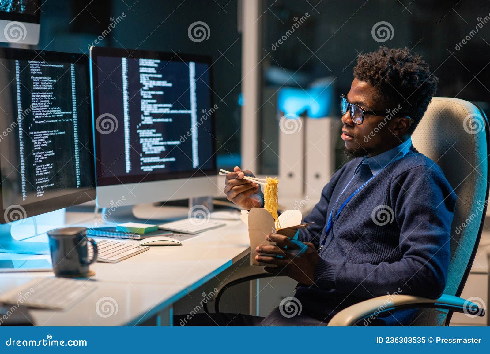 Young Hungry Programmer Eating Chinese Wok in Front of Computer Screen ...