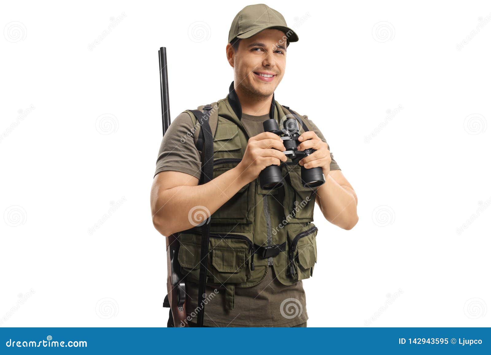 Young Hunter In A Uniform Holding Binoculars And Smiling At The Camera ...