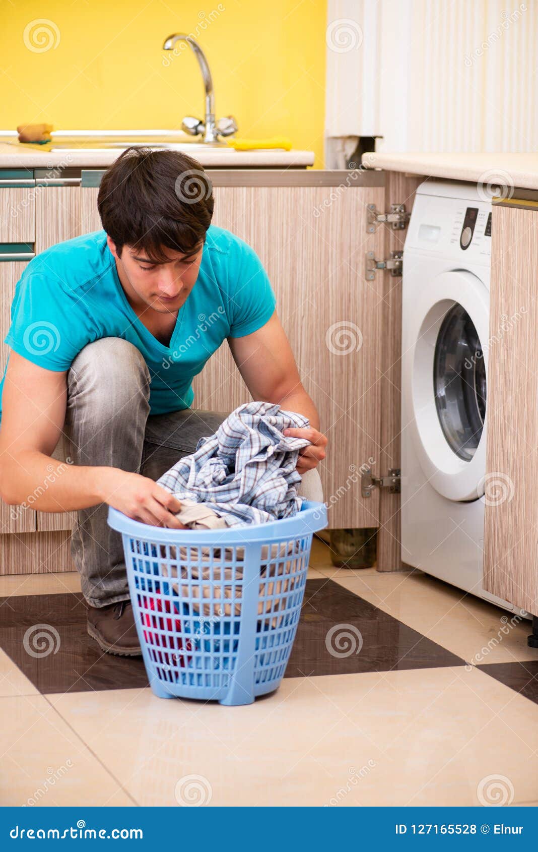 The Young Husband Man Doing Laundry at Home Stock Photo - Image of ...
