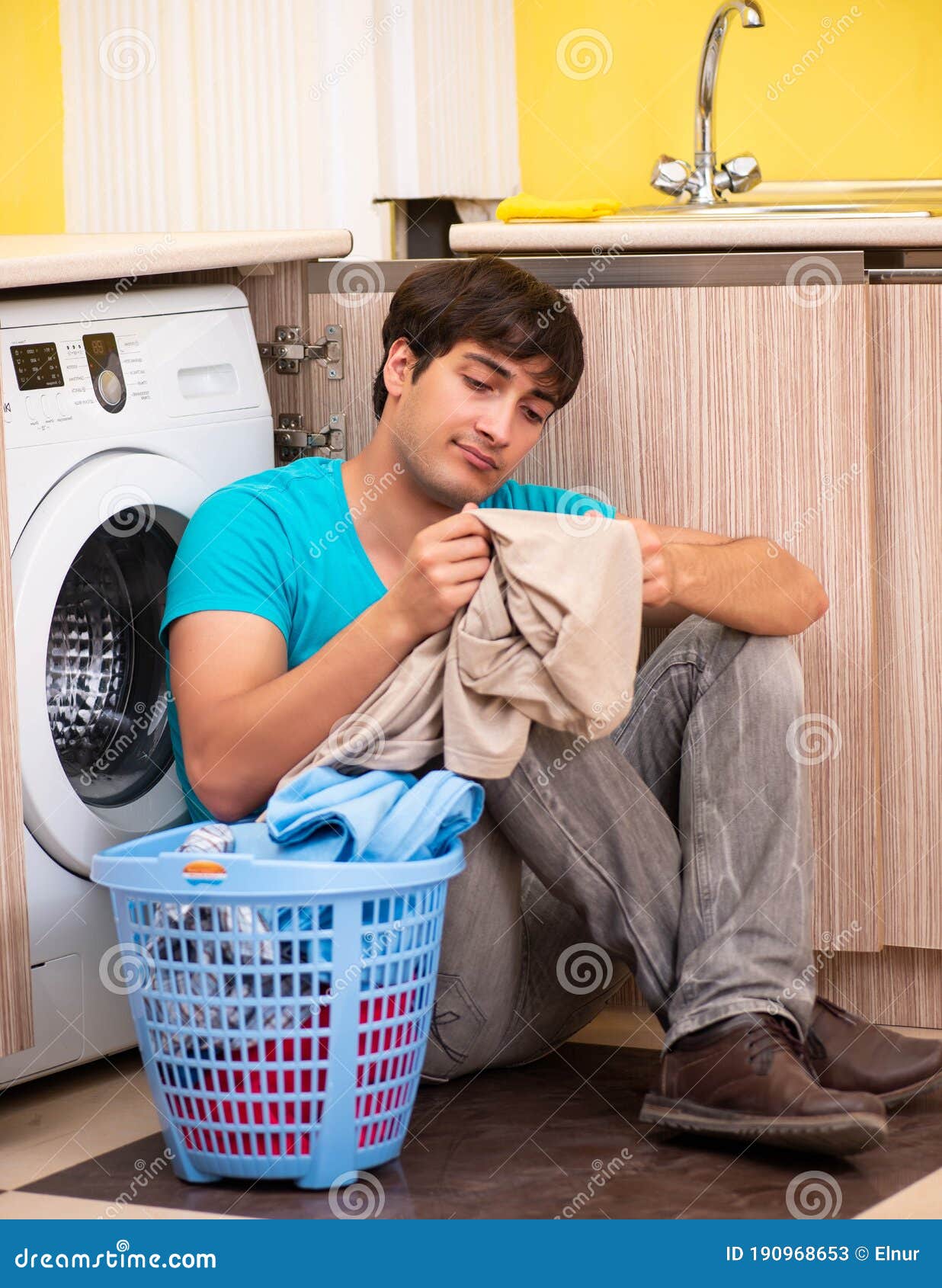 Young Husband Man Doing Laundry at Home Stock Image - Image of casual ...