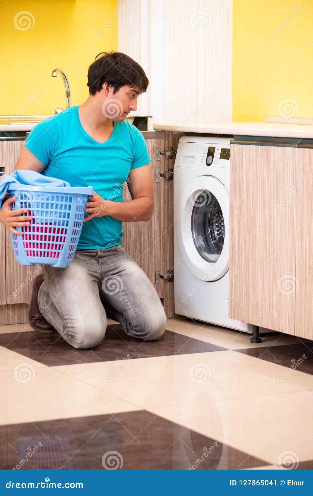 The Young Husband Man Doing Laundry at Home Stock Image - Image of ...