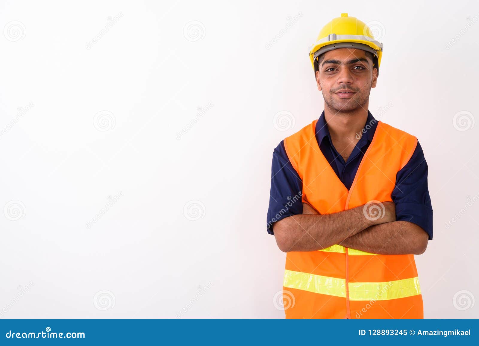 Young Indian Man Construction Worker Against White Background Stock ...