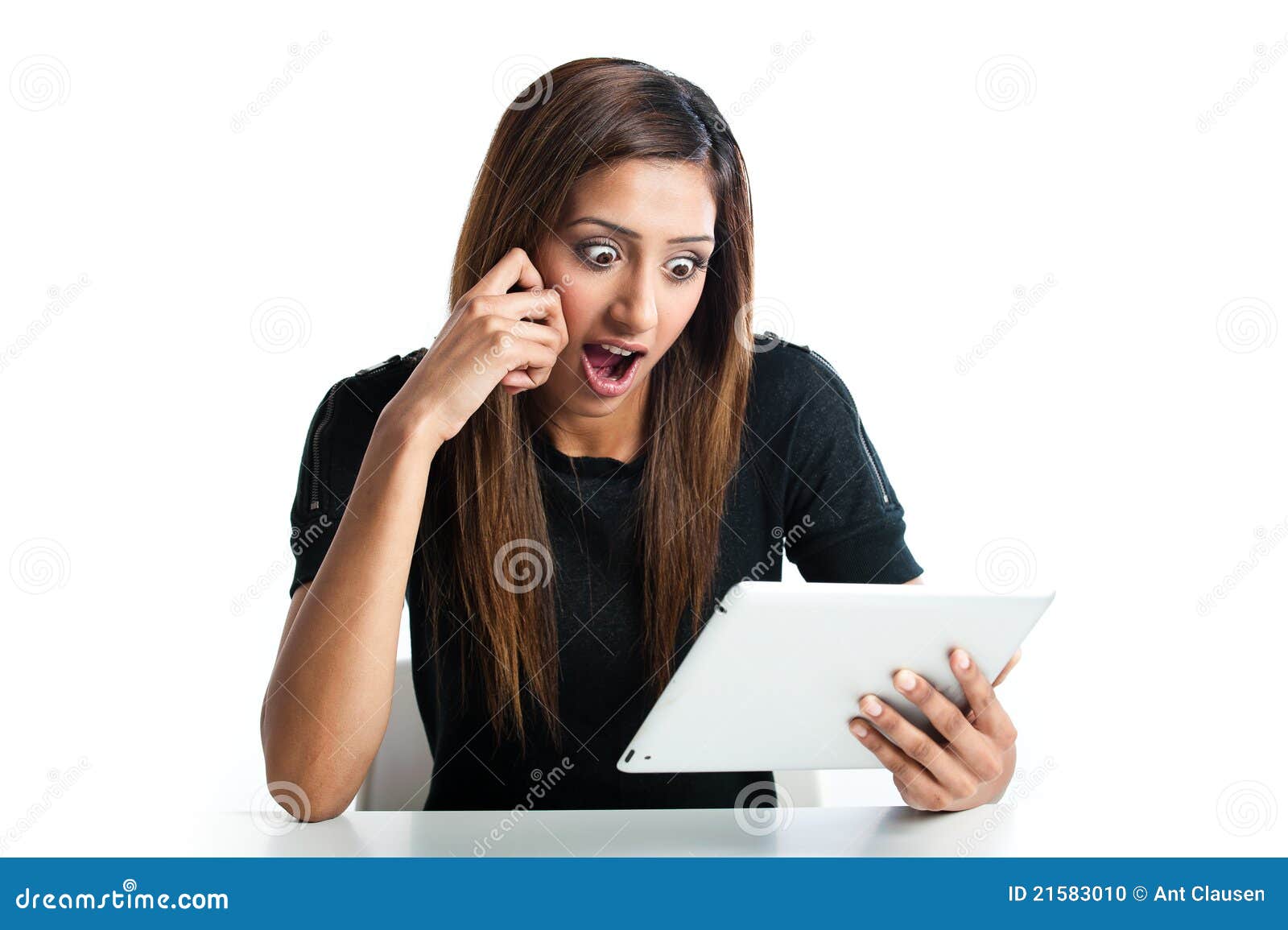 Young Indian Woman Shocked at Tablet Computer. Stock Photo - Image of ...