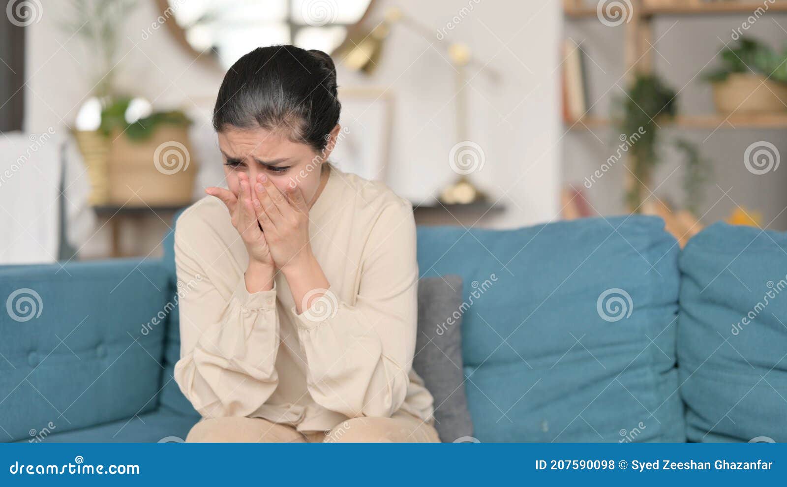 Young Indian Woman Sitting and Crying on Sofa Stock Photo - Image of ...