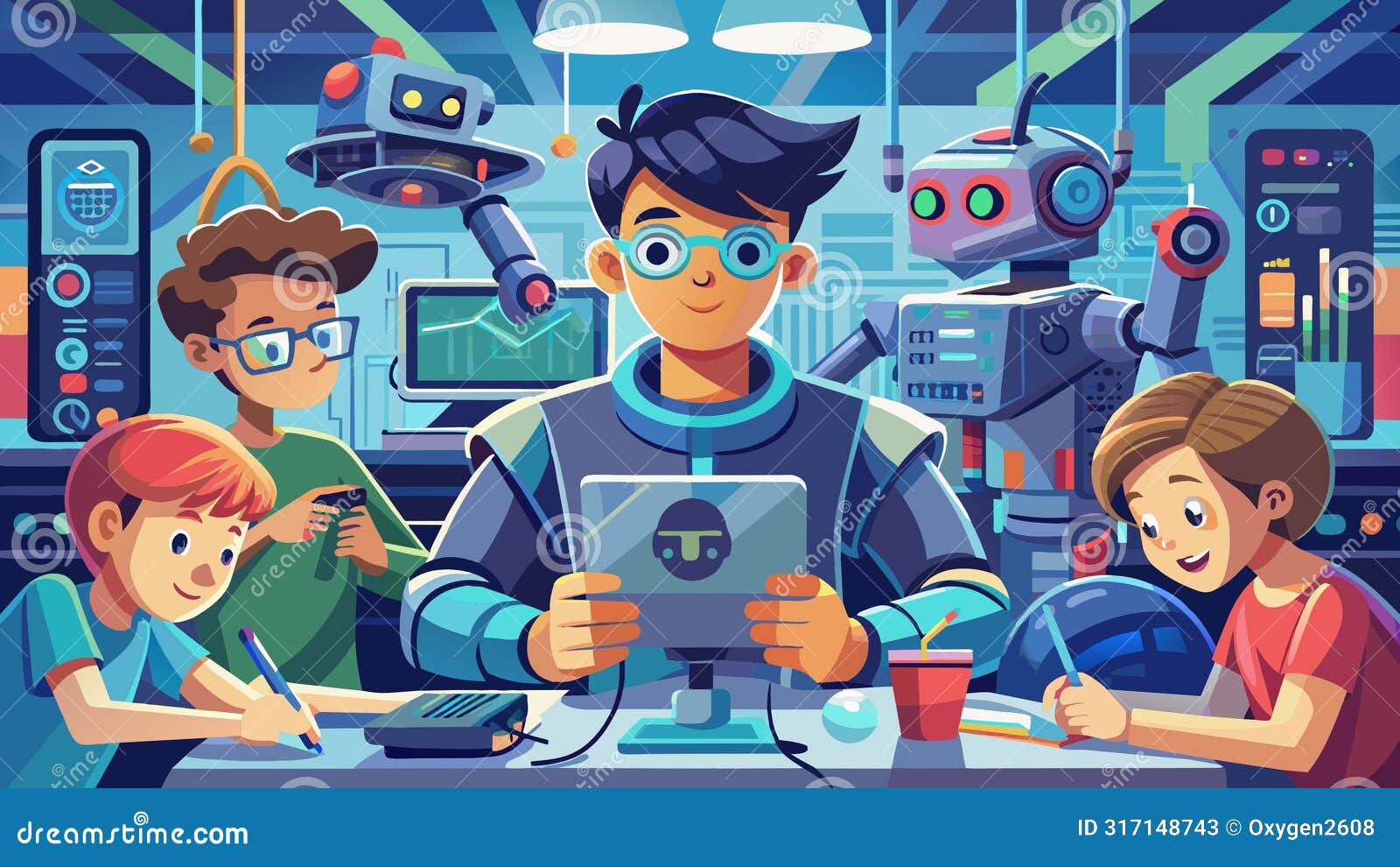 Young Innovators at a High-Tech Robotics Workshop Stock Illustration ...