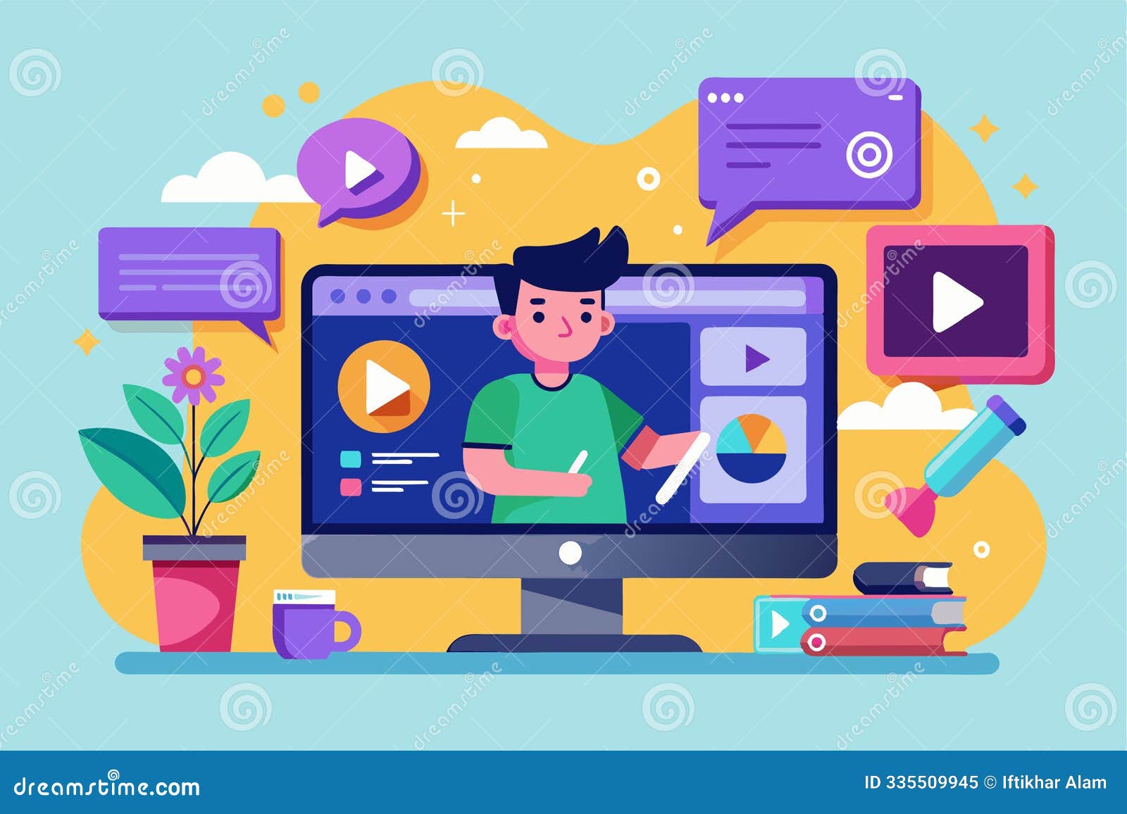 A Young Instructor Shows Techniques on-screen, with Vibrant Graphics ...