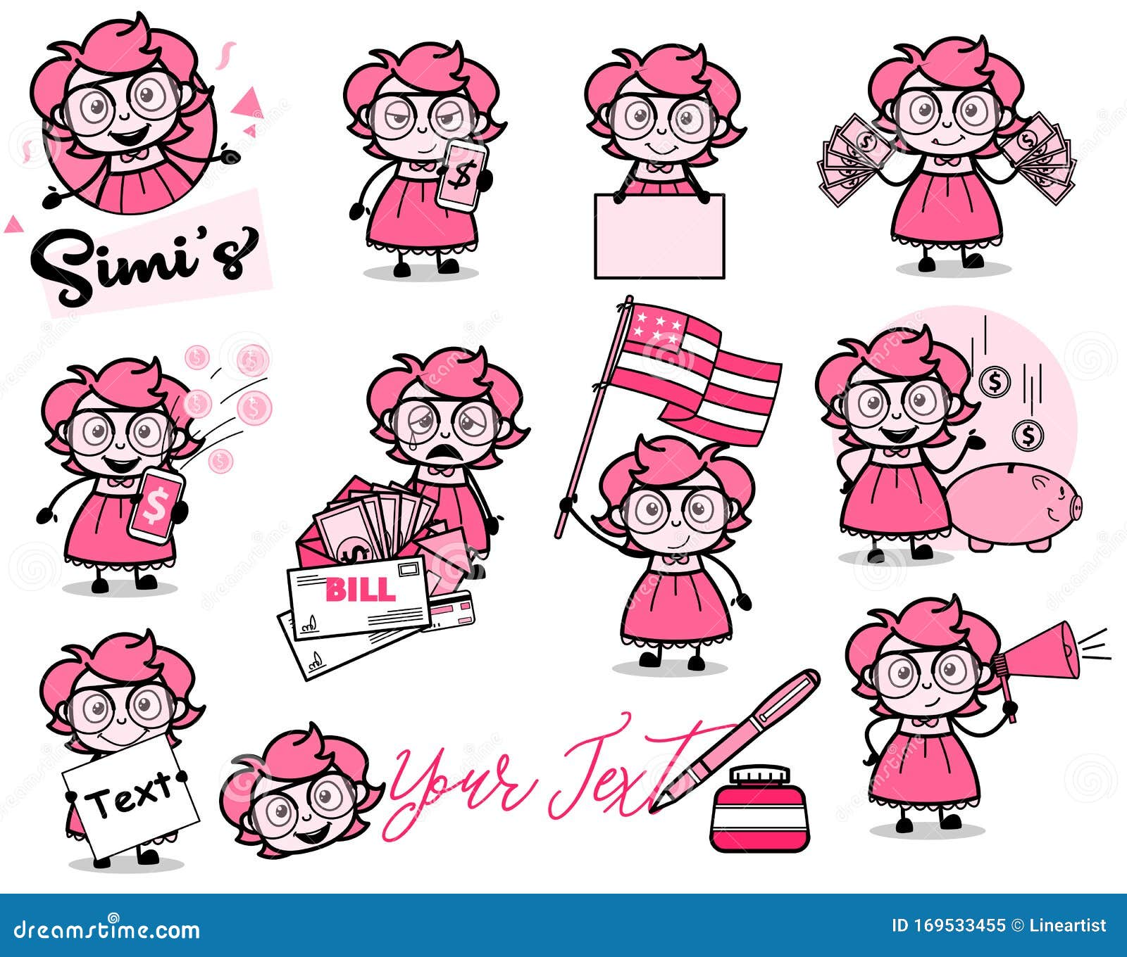 Young Intelligent Cartoon Lady - Set of Concepts Vector Illustrations ...