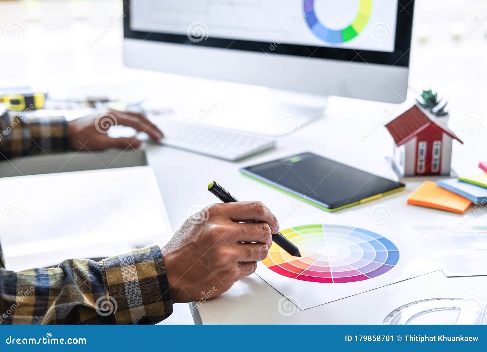 Young Interior Graphic Designer Working Project Sketching on Graphic ...