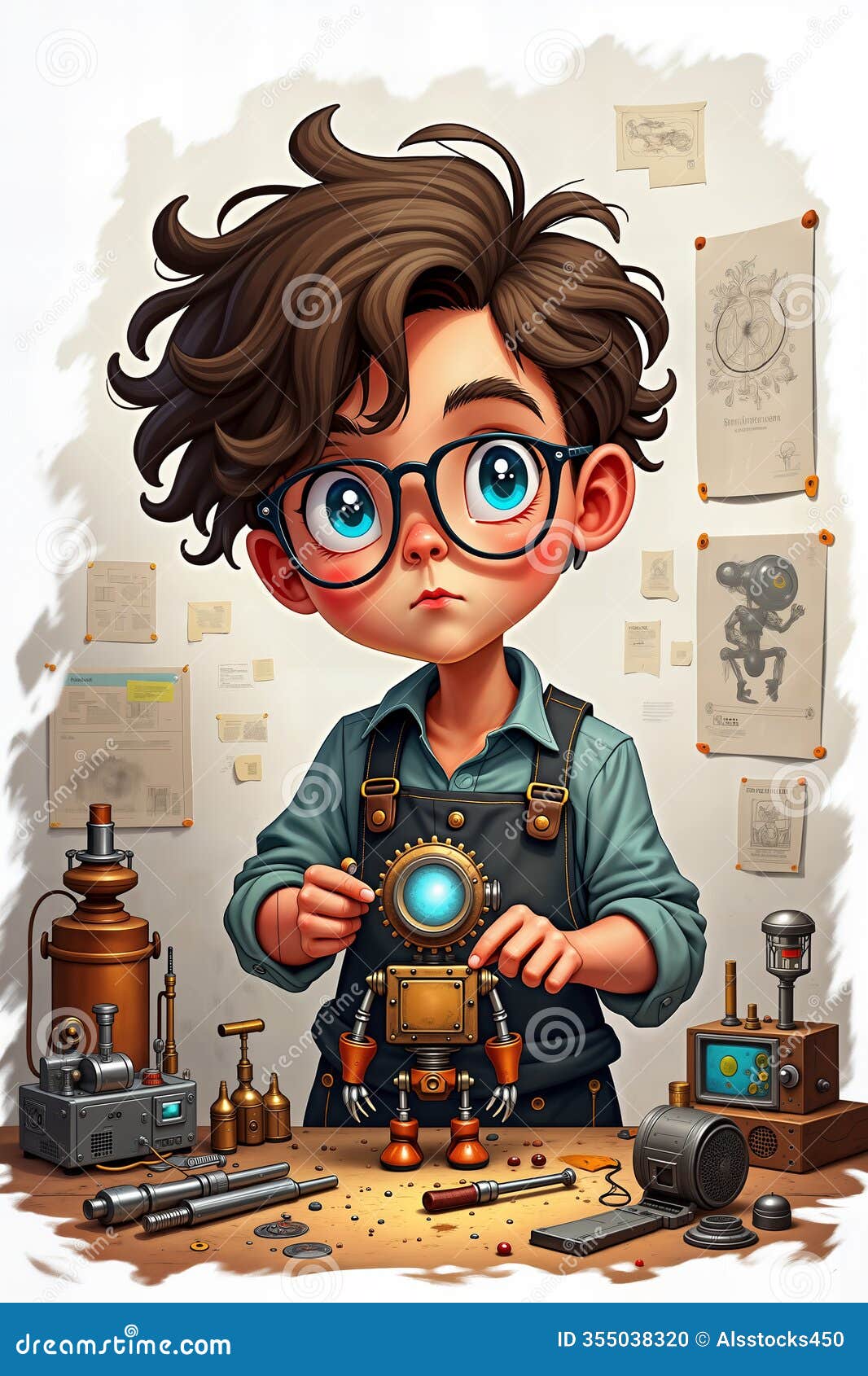 Young Inventor Assembles Robot in Workshop Stock Illustration ...
