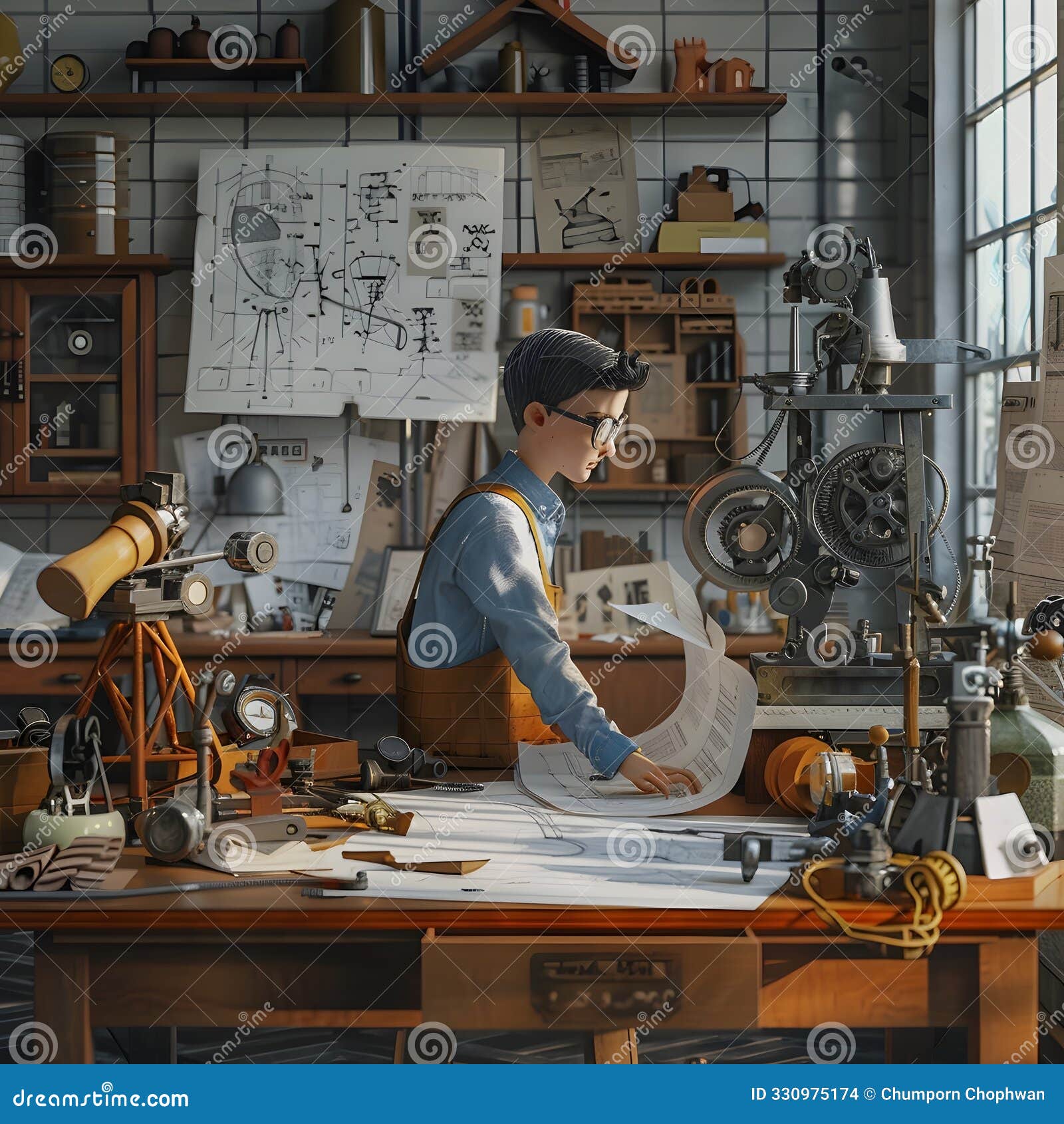 Young Inventor Tinkering with Mechanical Contraption in Cluttered yet ...