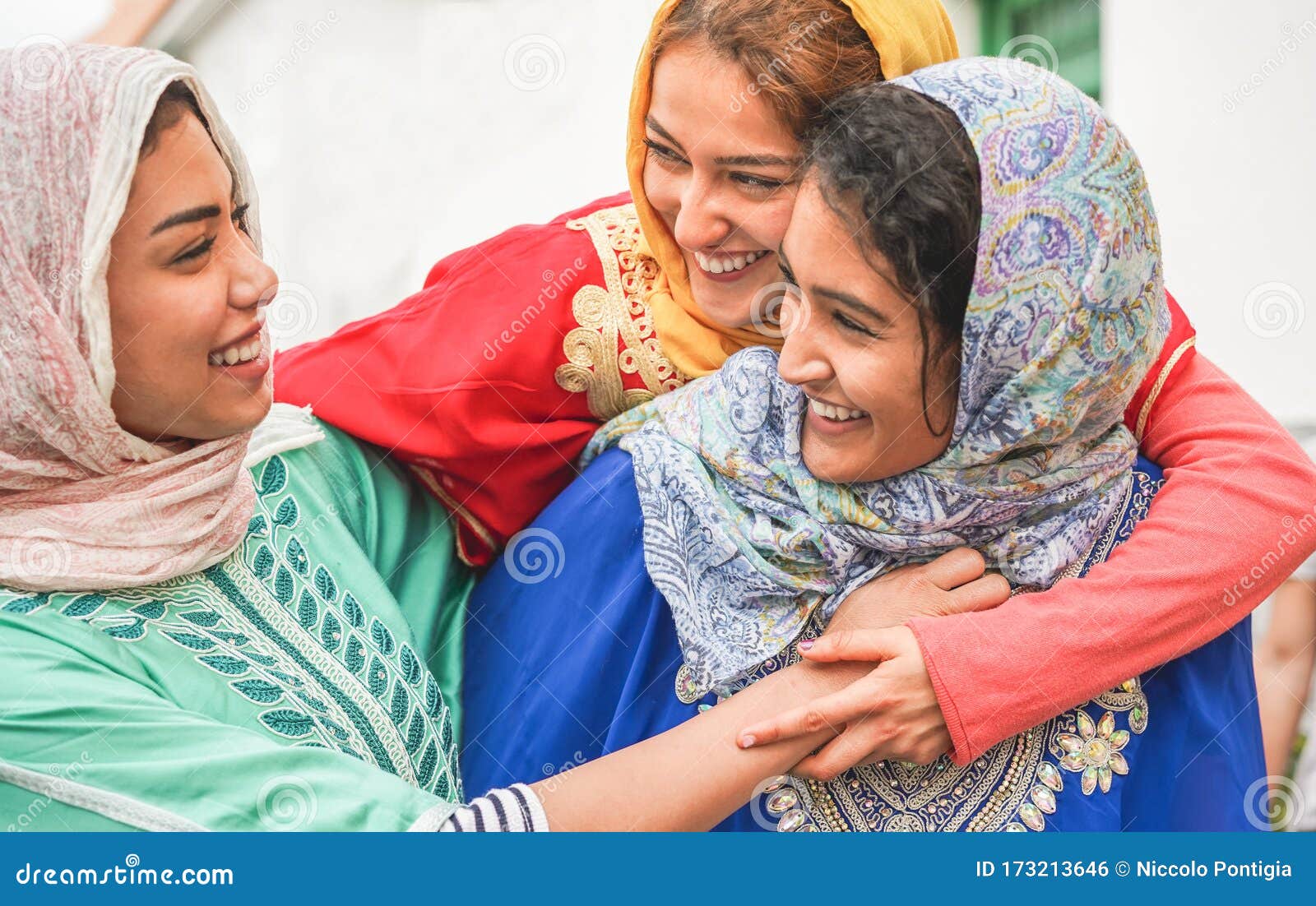 Young Islamic Friends Having Fun Outdoor Happy Arabian Friends