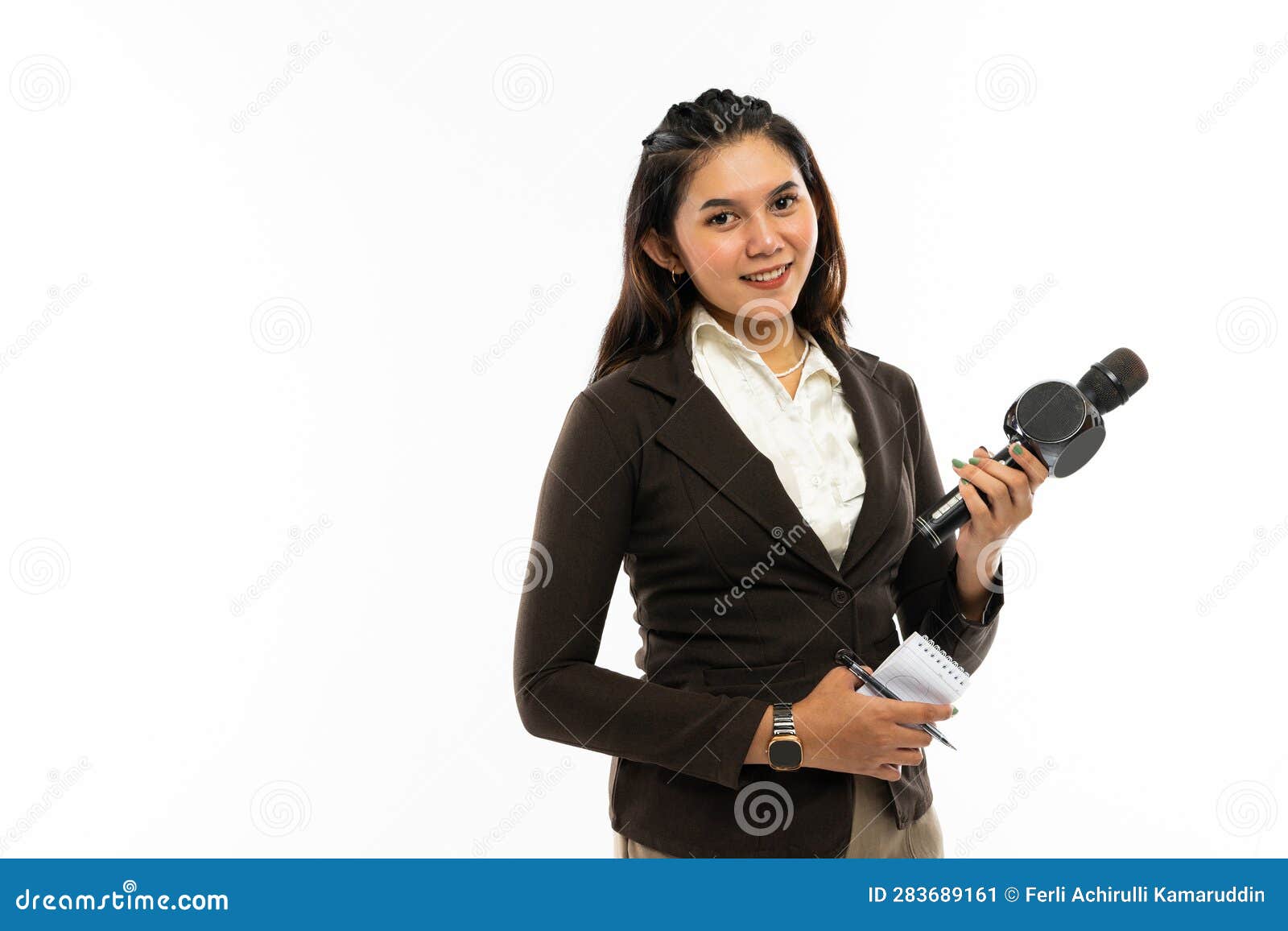 Young Journalist In A Television Recording Studio Is Talking Into A ...