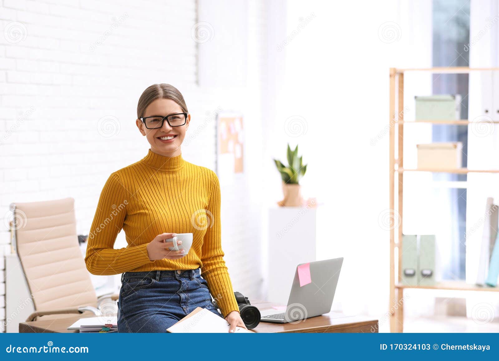 Young Journalist with Coffee at Workplace in Office Stock Image - Image ...
