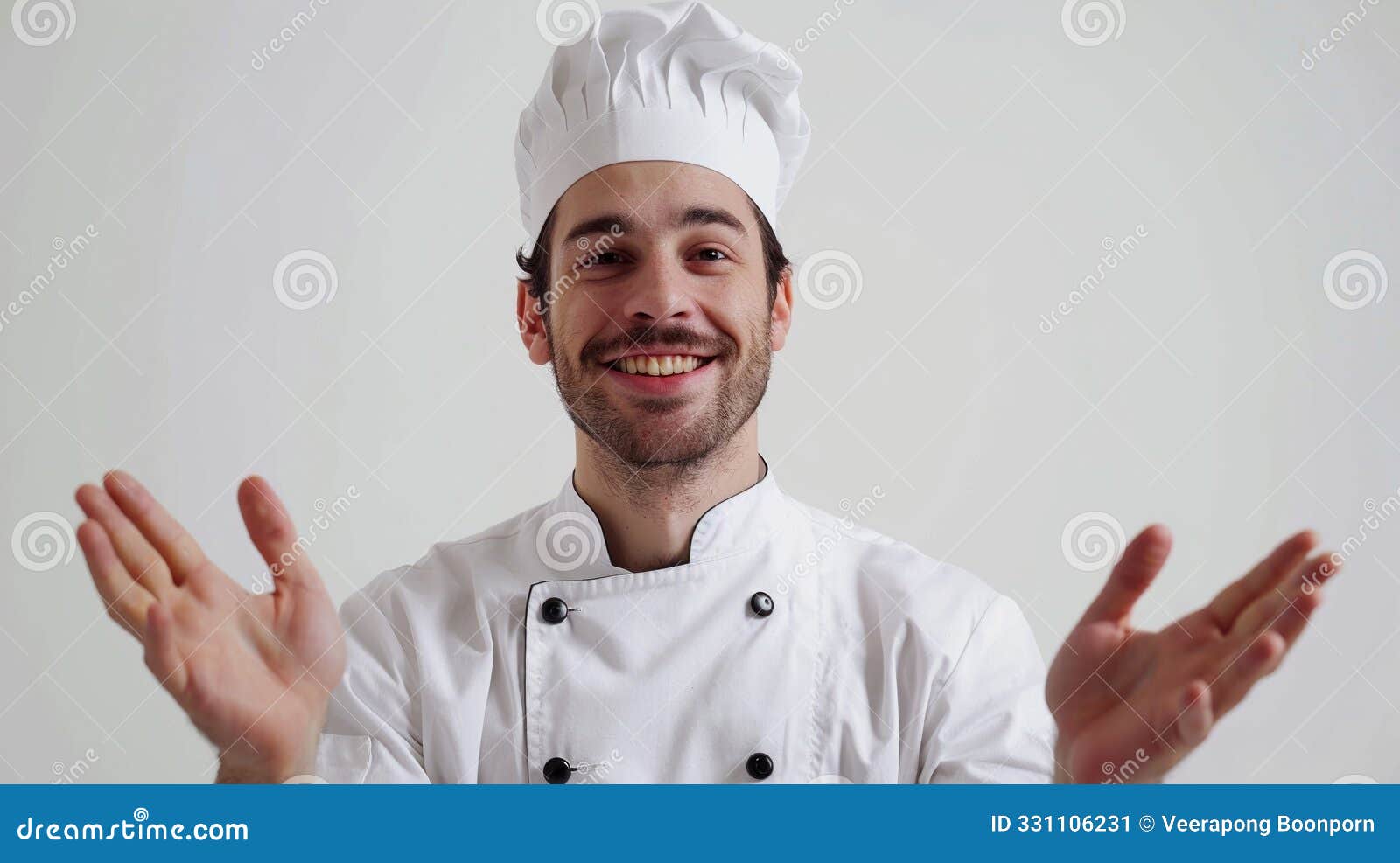 Young, Joyful Chef Presenting with Open Hands, Clear White Isolated ...