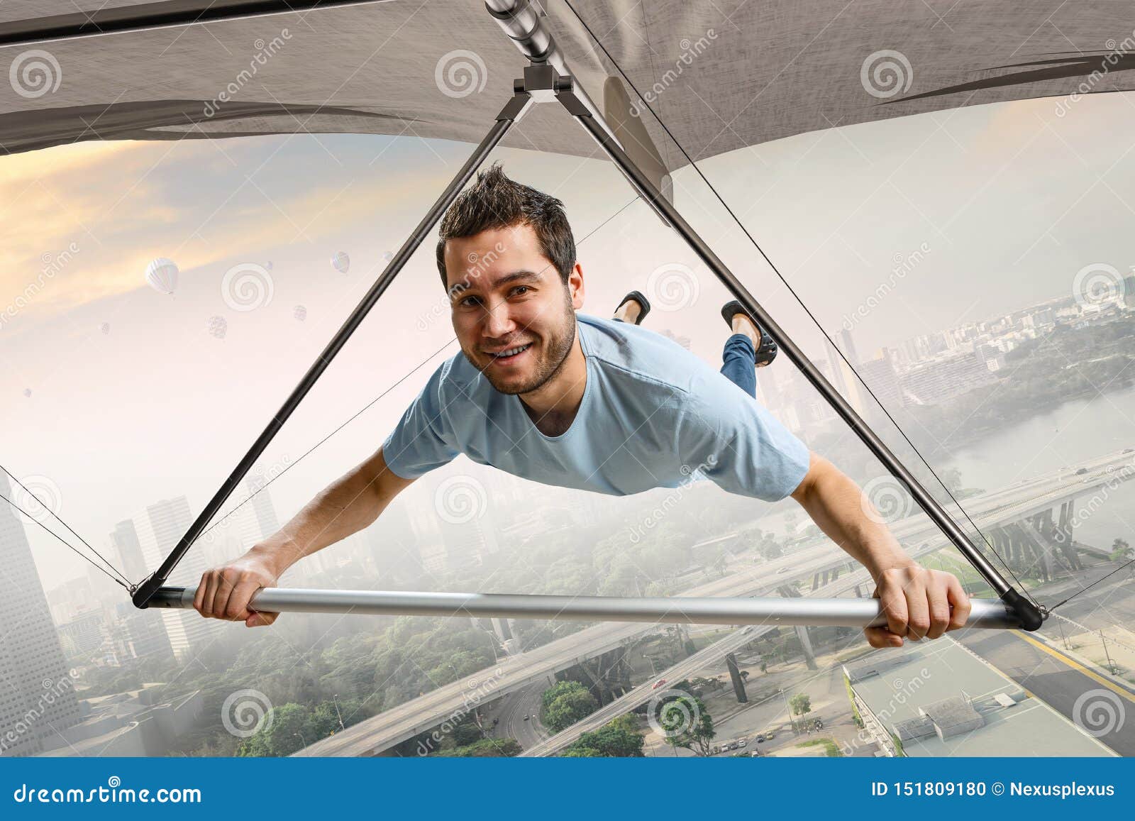 Young Man Flying on Hang Glider. Mixed Media Stock Photo - Image of ...
