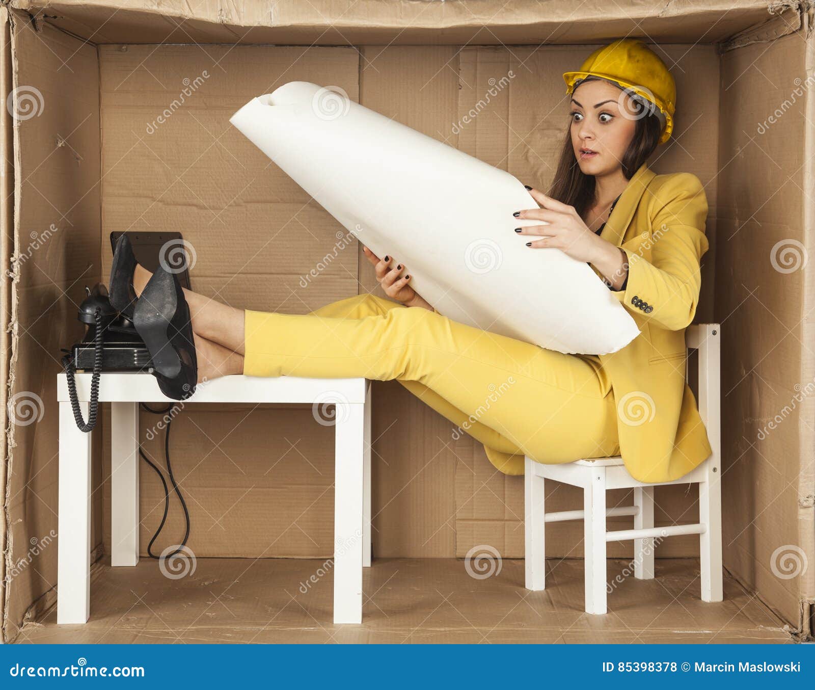 Young Lady Architect Surprised View Building Plans Stock Photo - Image ...