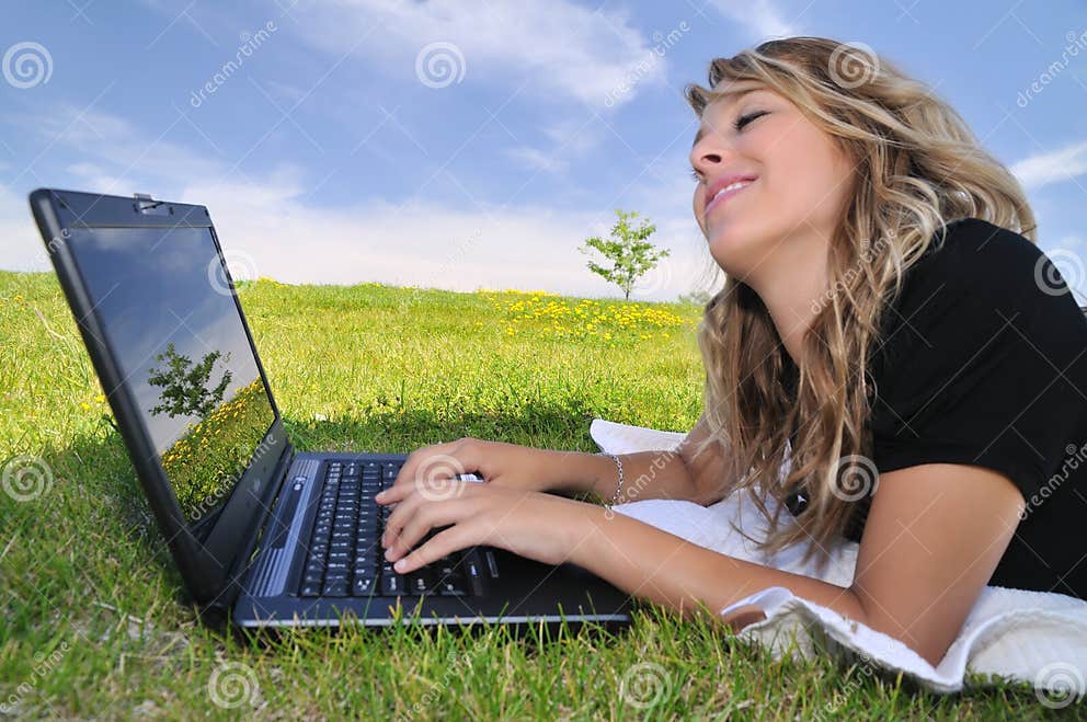 Young lady with computer stock image. Image of sunny - 10008089