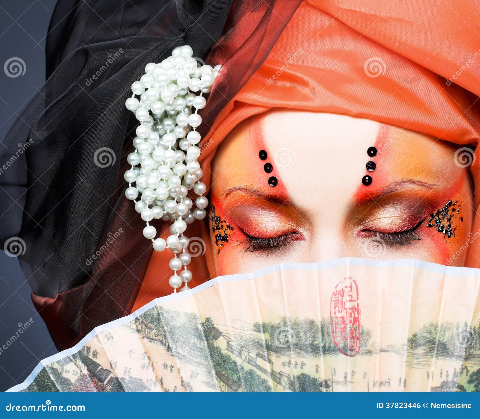 Young lady with fan stock photo. Image of east, dress - 37823446